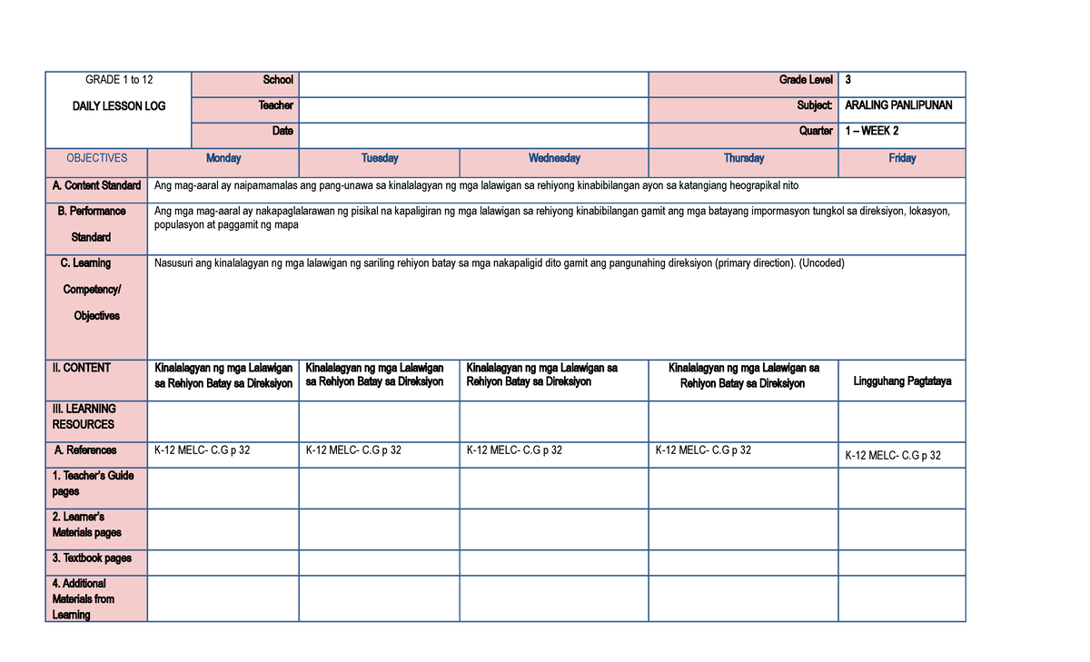AP Q1 - W2 - daily lesson log - GRADE 1 to 12 DAILY LESSON LOG School ...