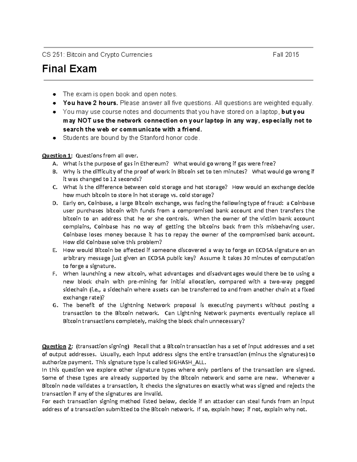 Final Exam - questions Bank - CS 251 : Bitcoin and Crypto Currencies Fall 2015 Final Exam The ...