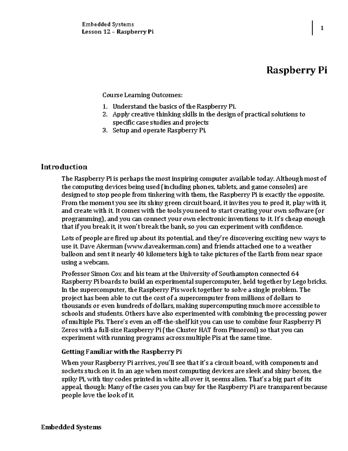 W14 Lesson 12 Raspberry Pi - Embedded Systems Lesson 12 – Raspberry Pi ...