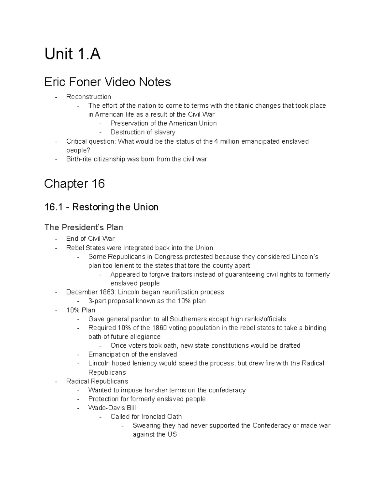 HIST 2112E Unit 1 Notes - Unit 1 Eric Foner Video Notes Reconstruction ...
