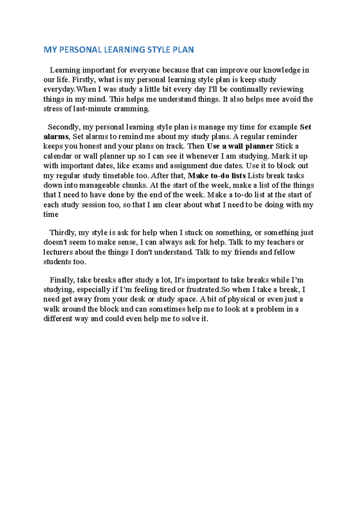 MY Personal Learning Style PLAN - MY PERSONAL LEARNING STYLE PLAN ...