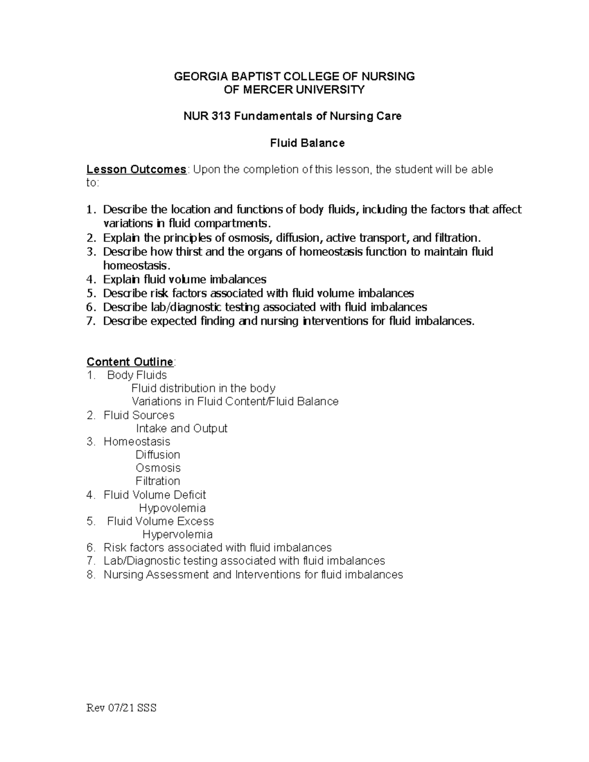 Fluid Balance Lesson Plan - GEORGIA BAPTIST COLLEGE OF NURSING OF ...
