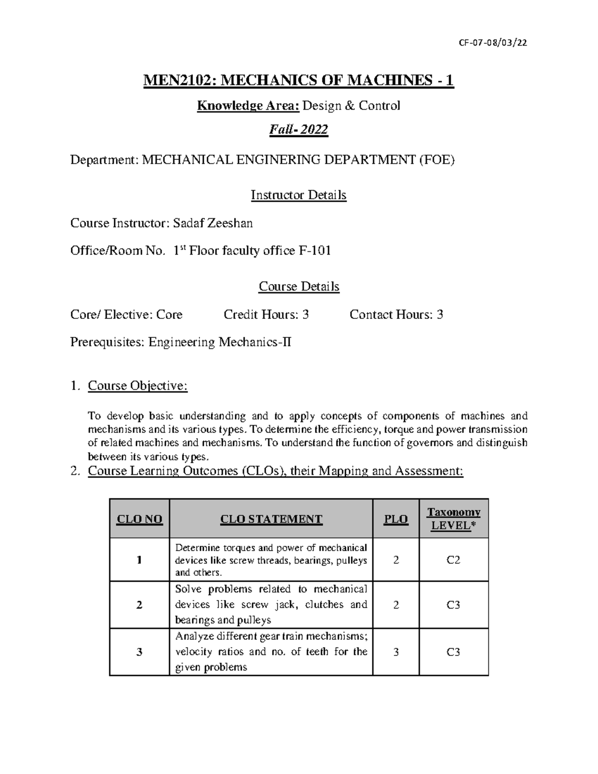 Course outline - ........ - MEN2102: MECHANICS OF MACHINES - 1 ...