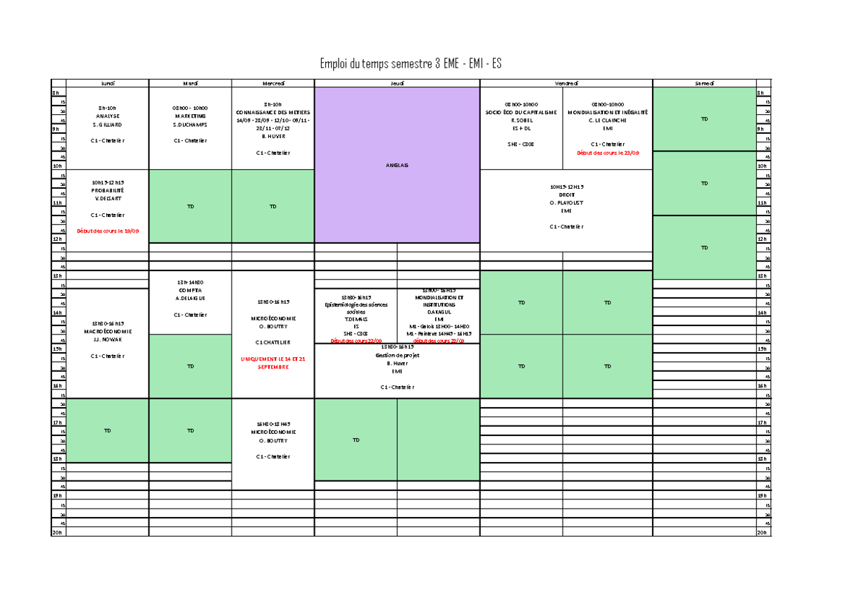 EME emploi du temps - Lundi Mardi Mercredi Samedi 8h 8h 15 15 30 30 45 ...