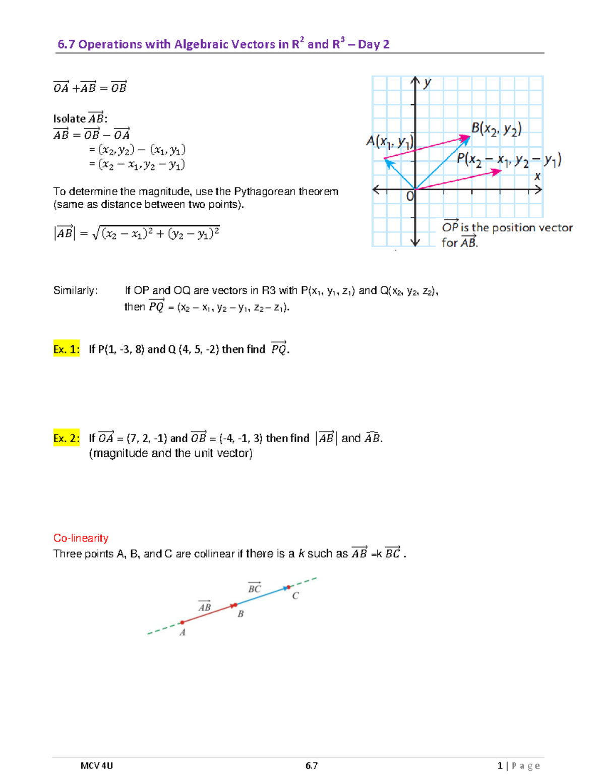 6.7 Algebraic Vectors in R2 R3 - student - Copy - MCV 4U 6 1 | P a g e 6 Operations with ...