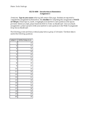 Assignment 1 - Biostatistics homework - Name: Sochi Onubogu HLTH 4308 – Introduction to - Studocu