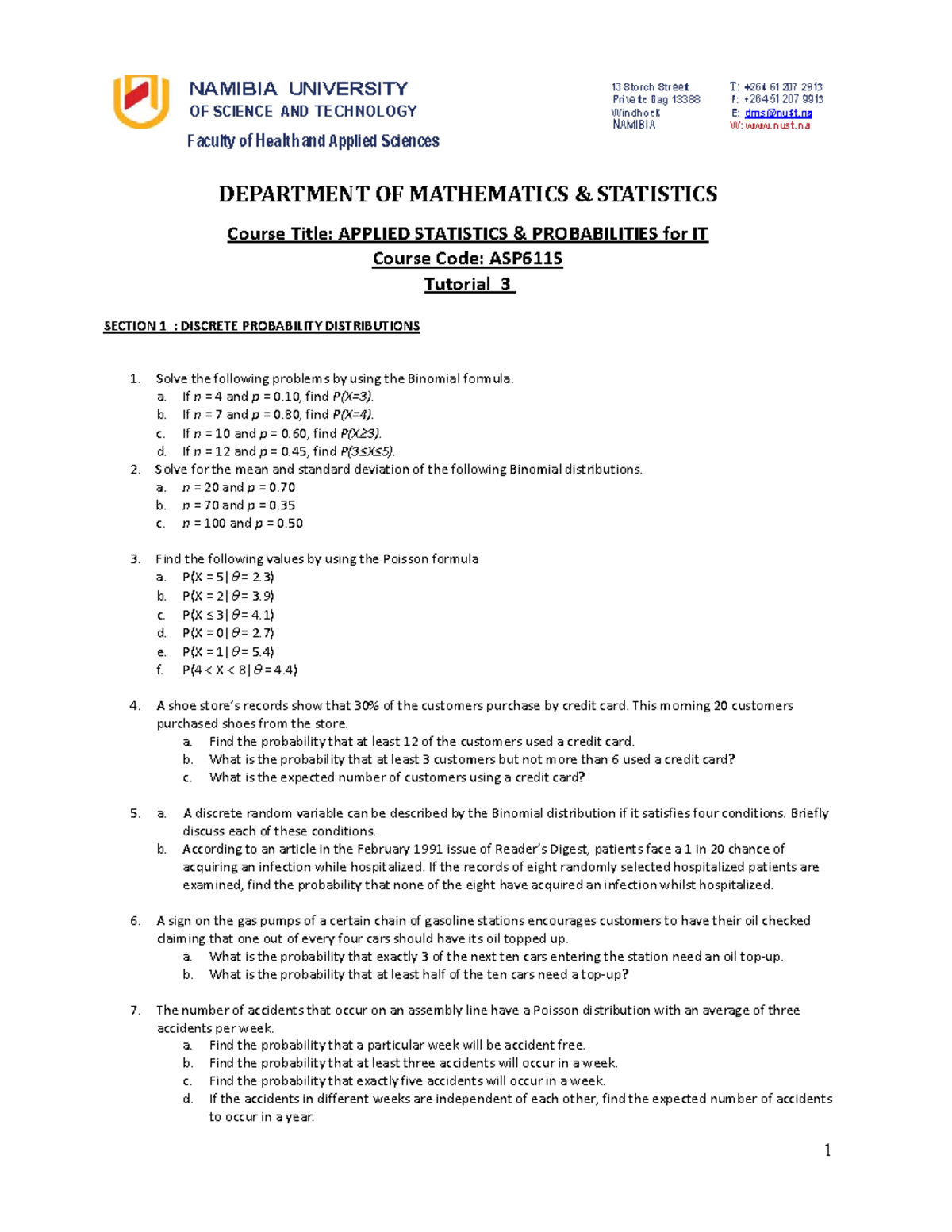 ASP610Stutorial Three - 1 NAMIBIA UNIVERSITY OF SCIENCE AND TECHNOLOGY Faculty of Health and ...