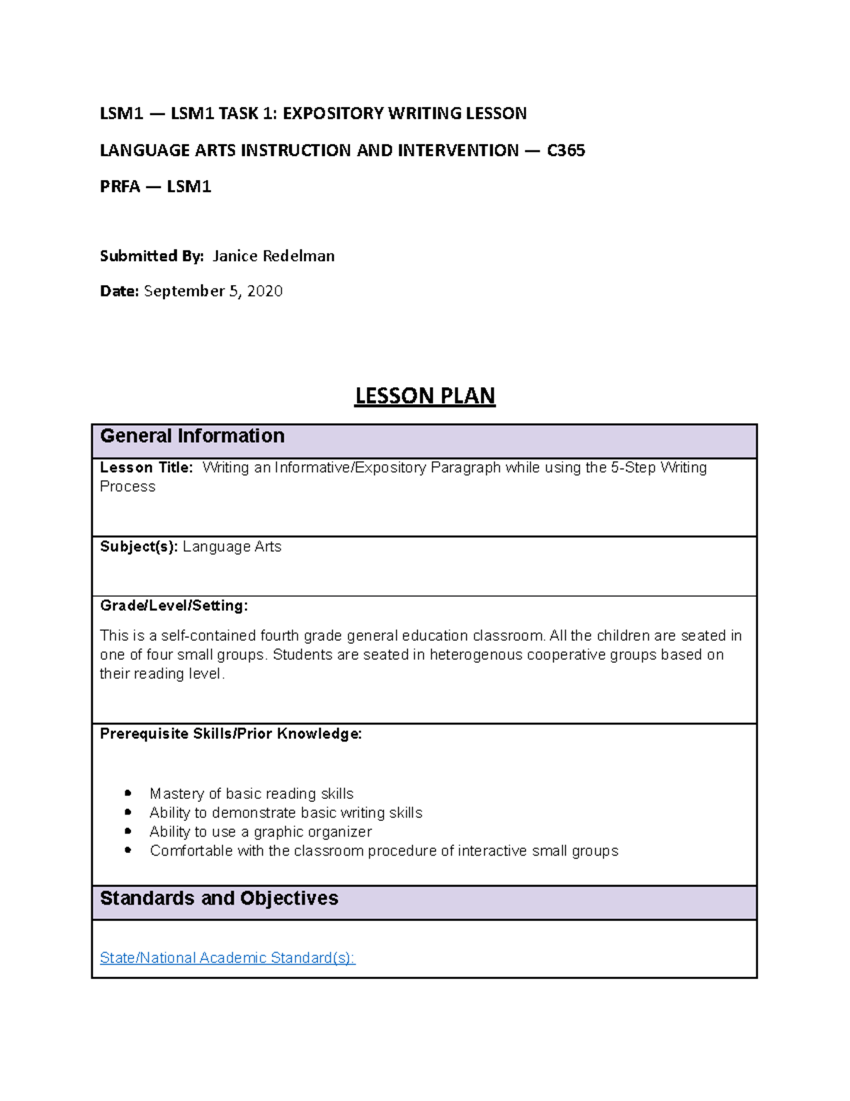 Task 2 La Lesson Plan C365 Wgu Lesson Plan Name
