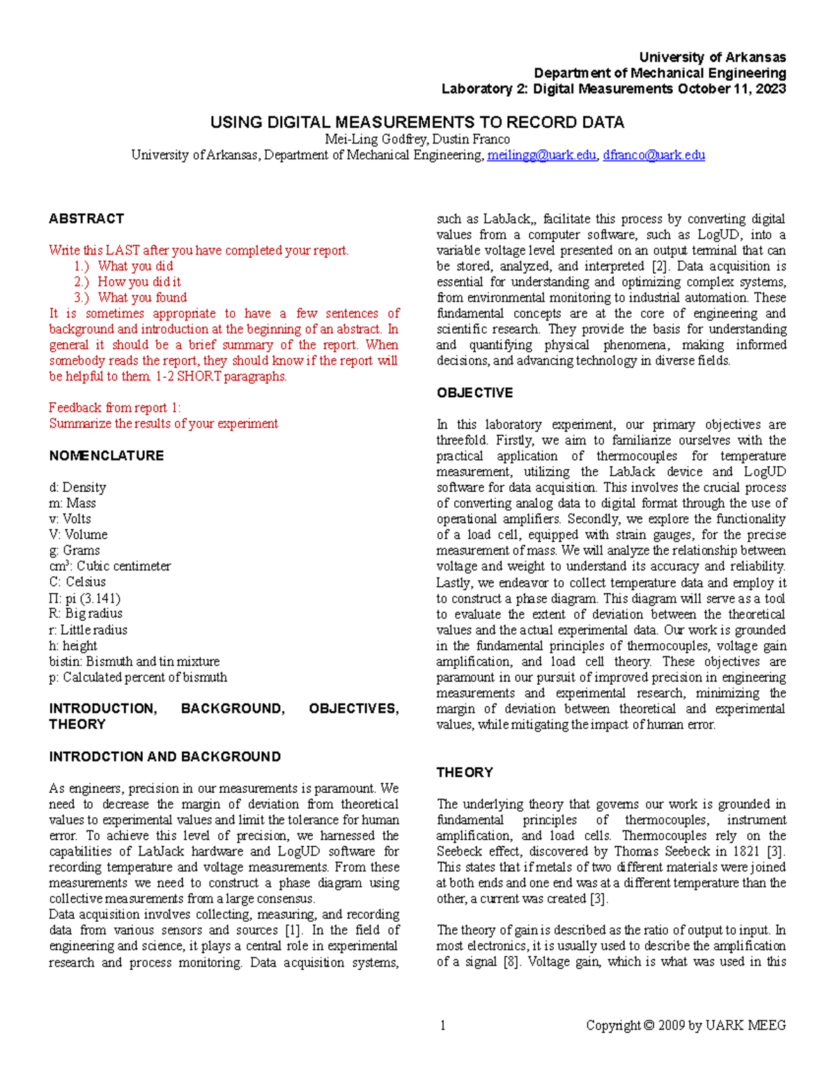 Lab 1 Unit 2 Report - University of Arkansas Department of Mechanical ...