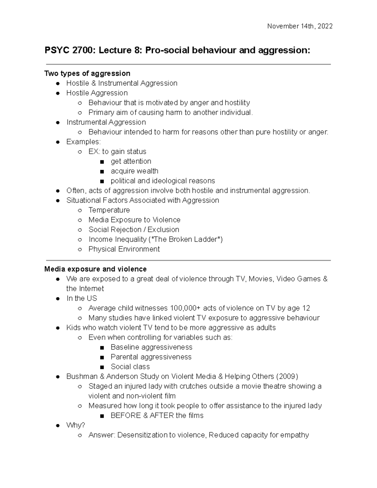 PSYC 2700 Lecture 8 (Nov 14th) - PSYC 2700: Lecture 8: Pro-social behaviour and aggression: Two ...