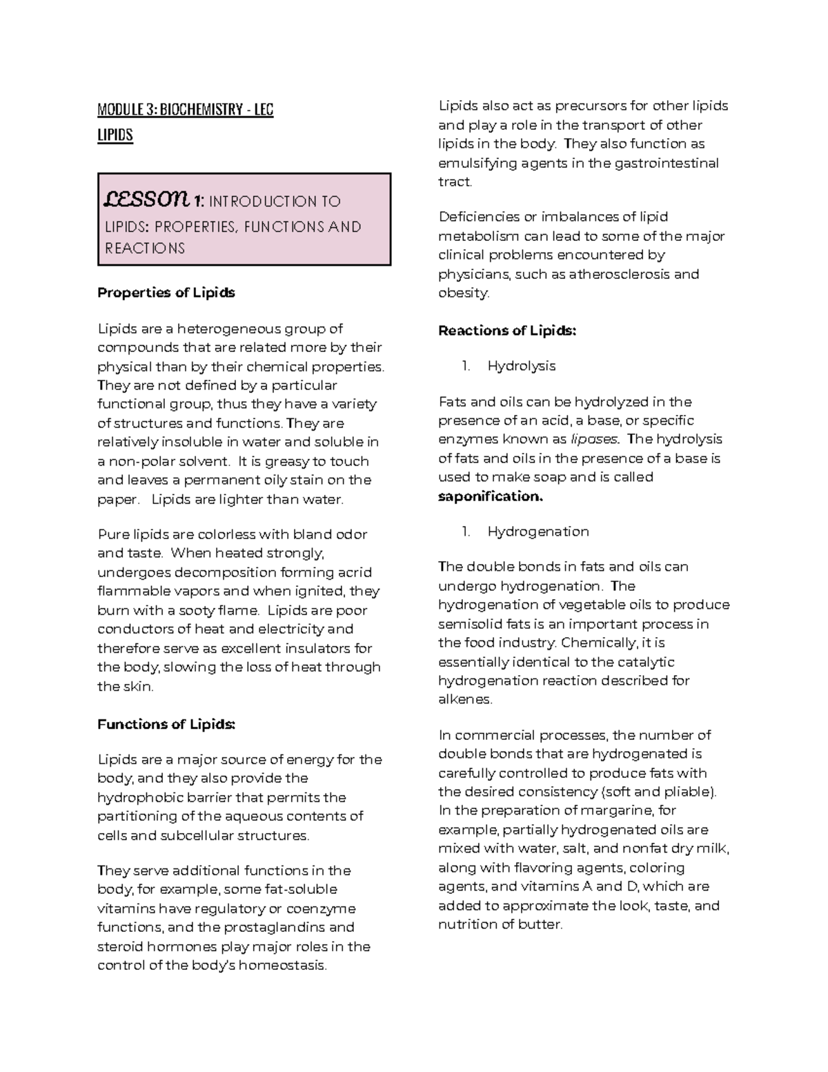 Module 3 Biochemistry - LEC - MODULE 3: BIOCHEMISTRY - LEC LIPIDS ...
