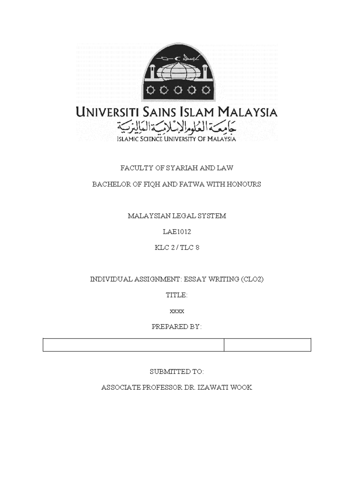Template Assignment - Bachelor of Fiqh and Fatwa - FACULTY OF SYARIAH ...
