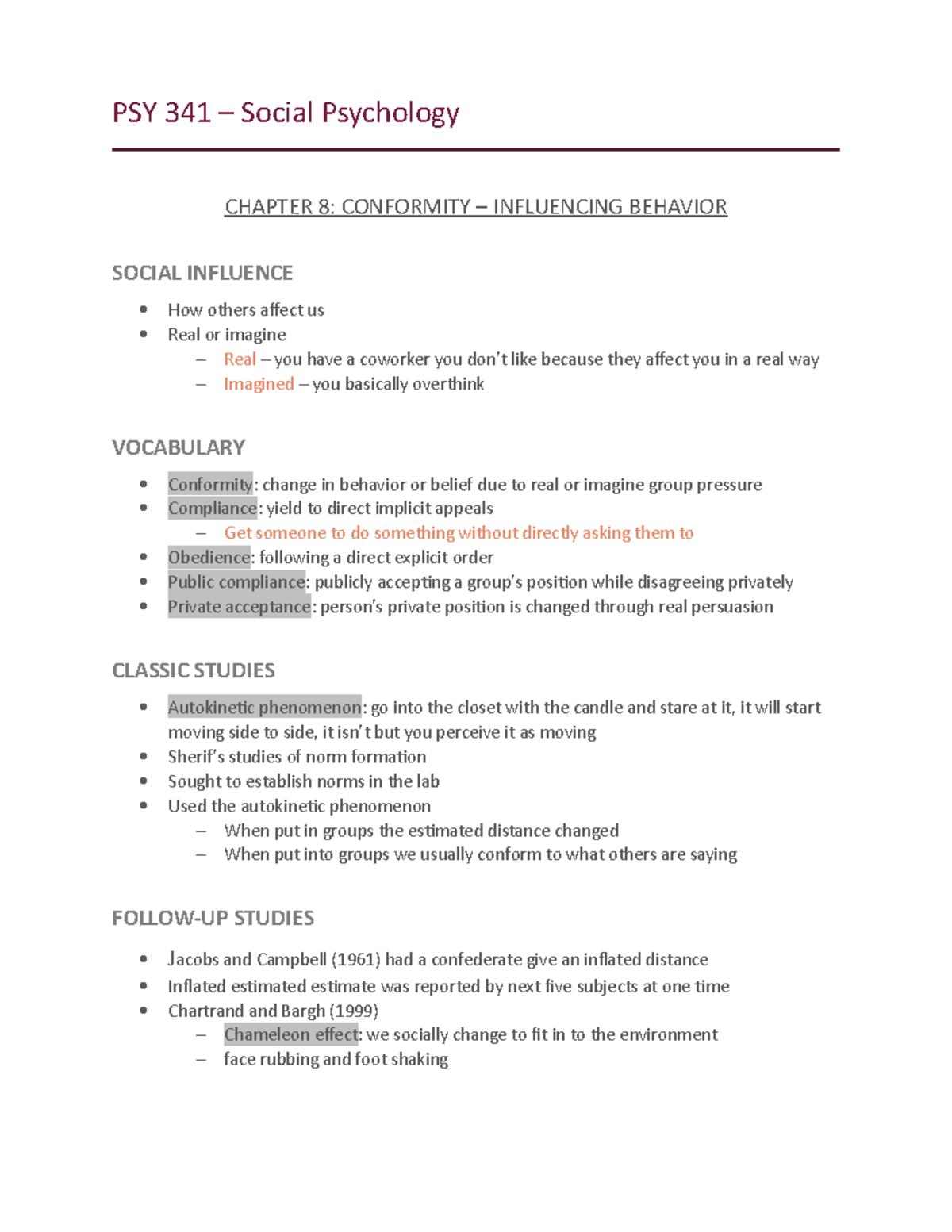 Chapter 8: Conformity - Influencing Behavior - PSY 341 – Social Psychology CHAPTER 8: CONFORMITY ...