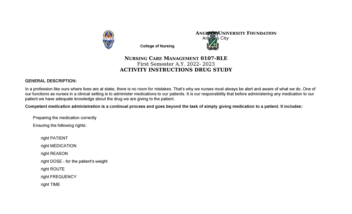 Activity- Instructions-DRUG- Study - ANGELES UNIVERSITY FOUNDATION ...