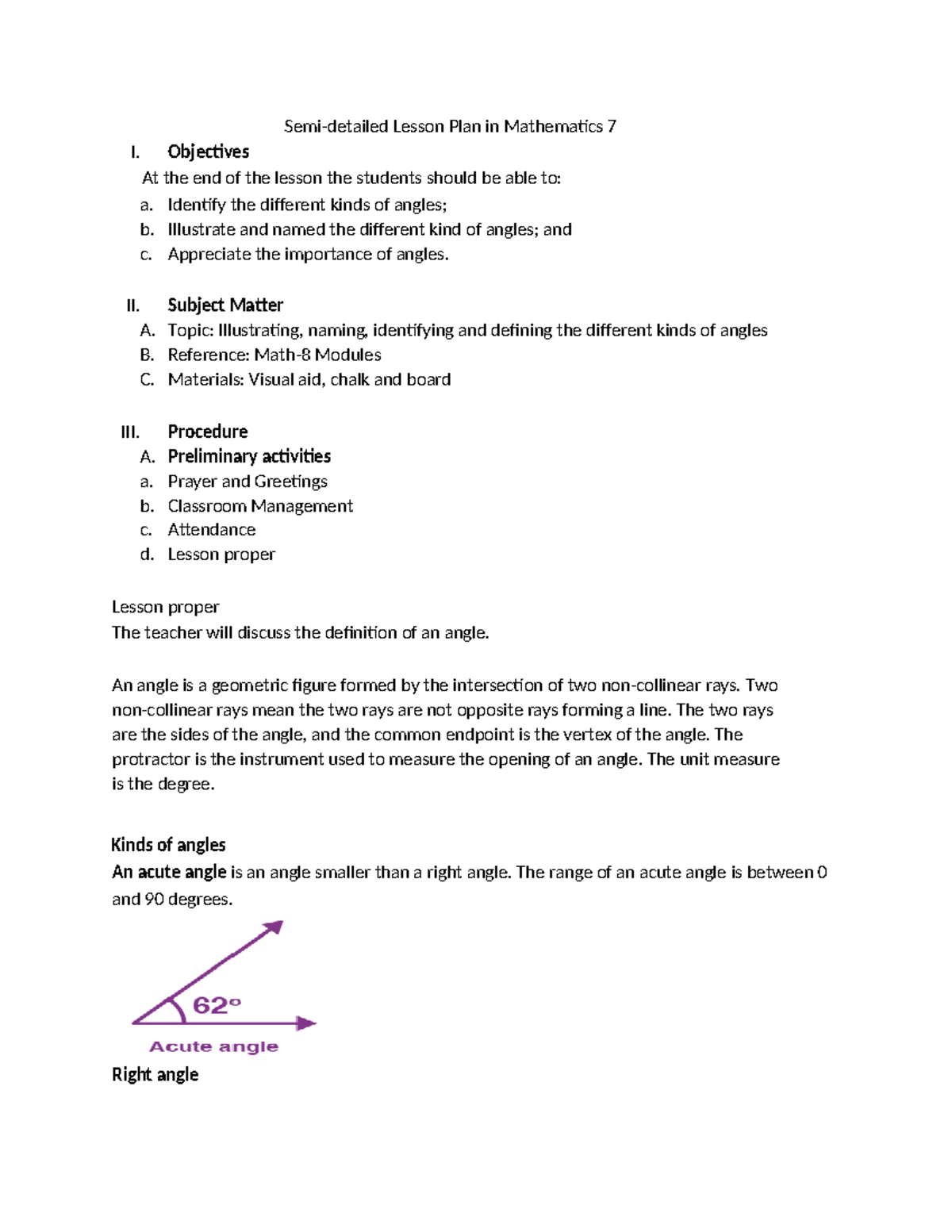 Angles - Semi-detailed Lesson Plan in Mathematics 7 I. Objectives At ...