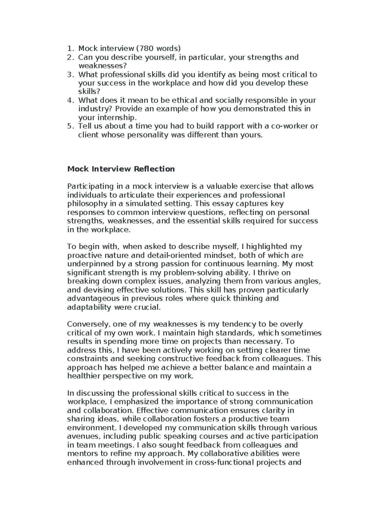 Mock interview Reflection - Mock interview (780 words) Can you describe yourself, in particular ...