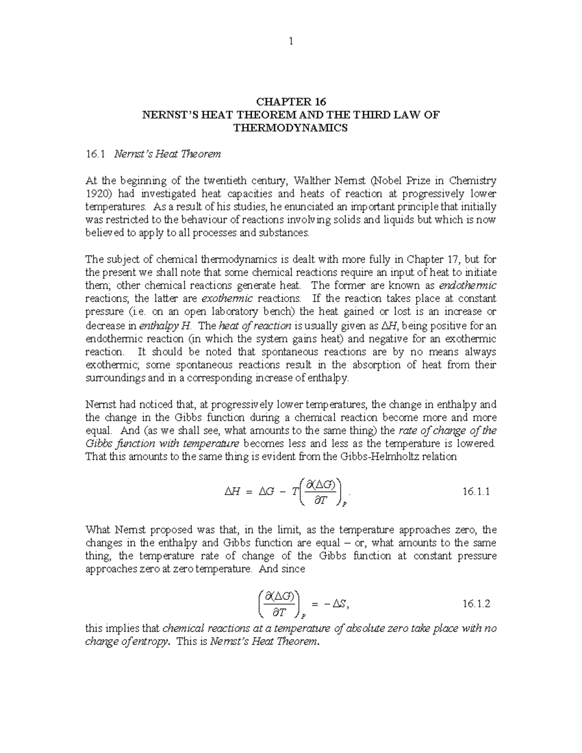 Thermod 16 - CHAPTER 16 NERNST’S HEAT THEOREM AND THE THIRD LAW OF ...