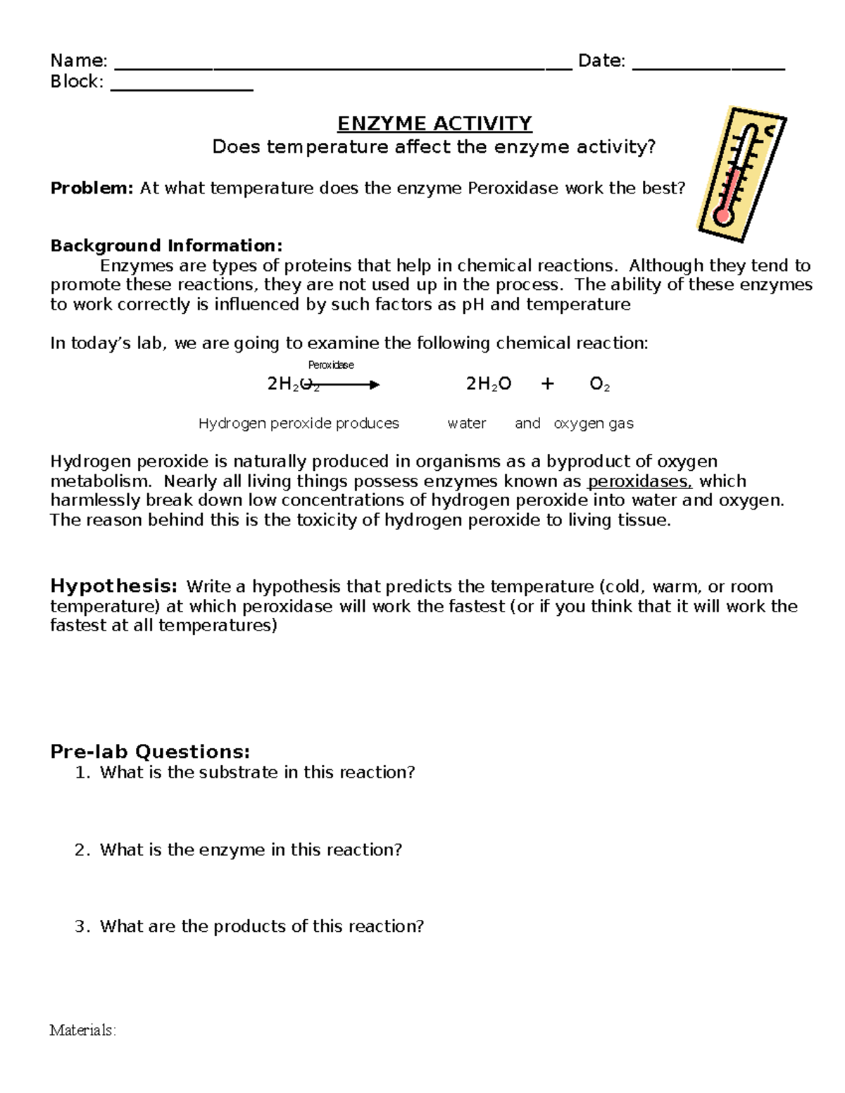 Peroxidase Enzyme Lab (liver) - 2012-2013 - Name: - Studocu