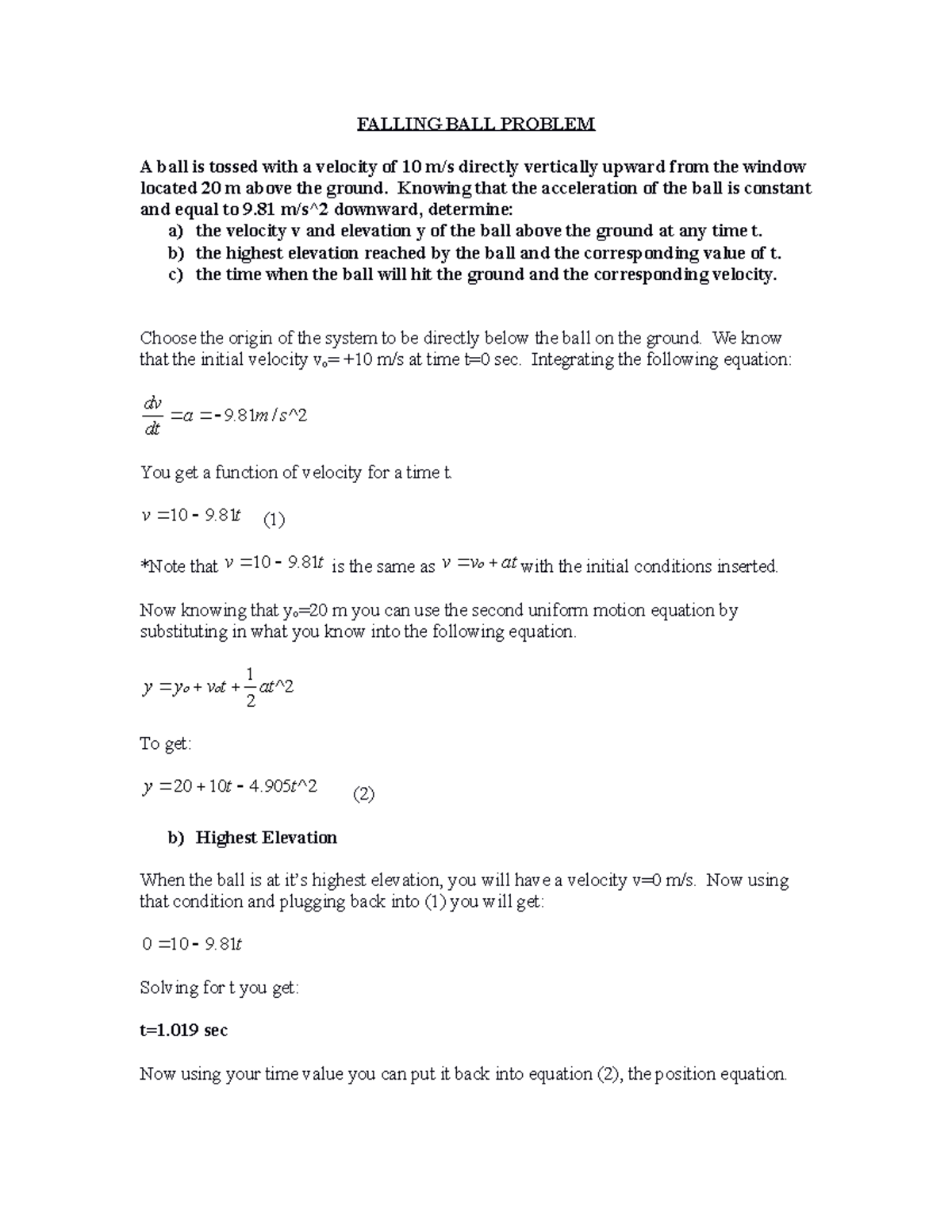Falling Ball Problem - Dynamics Notes - FALLING BALL PROBLEM A ball is ...