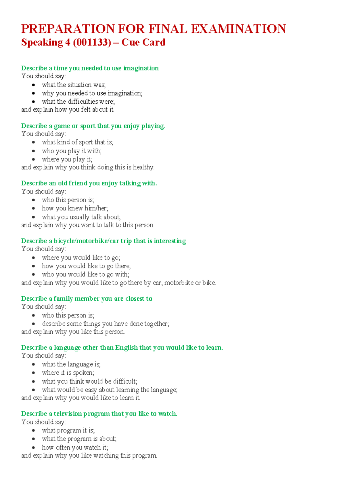 Speaking 4 - cue cards - PREPARATION FOR FINAL EXAMINATION Speaking 4 ...