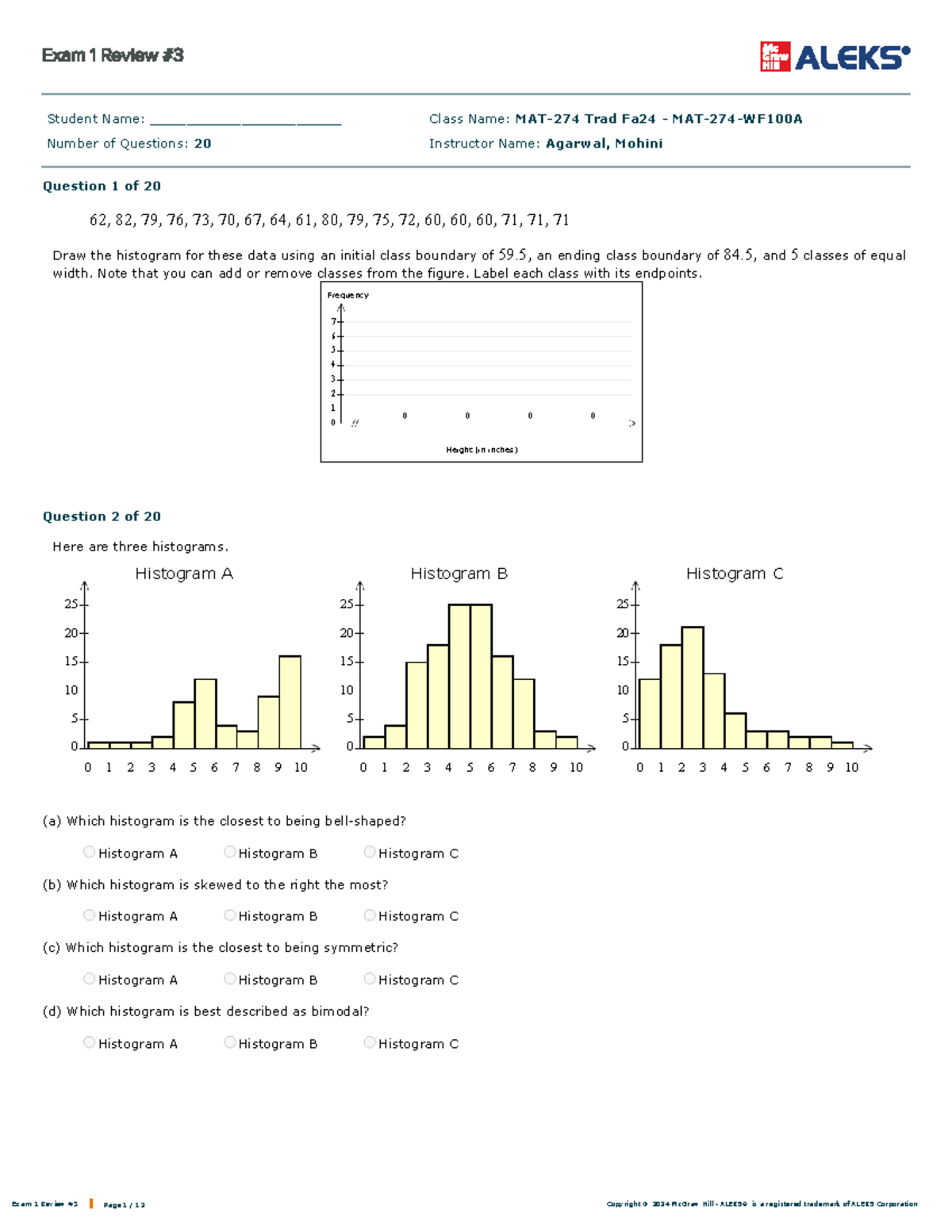 Assignment-1-8 - Stats problems 1-8 - Exam 1 Review Student Name ...