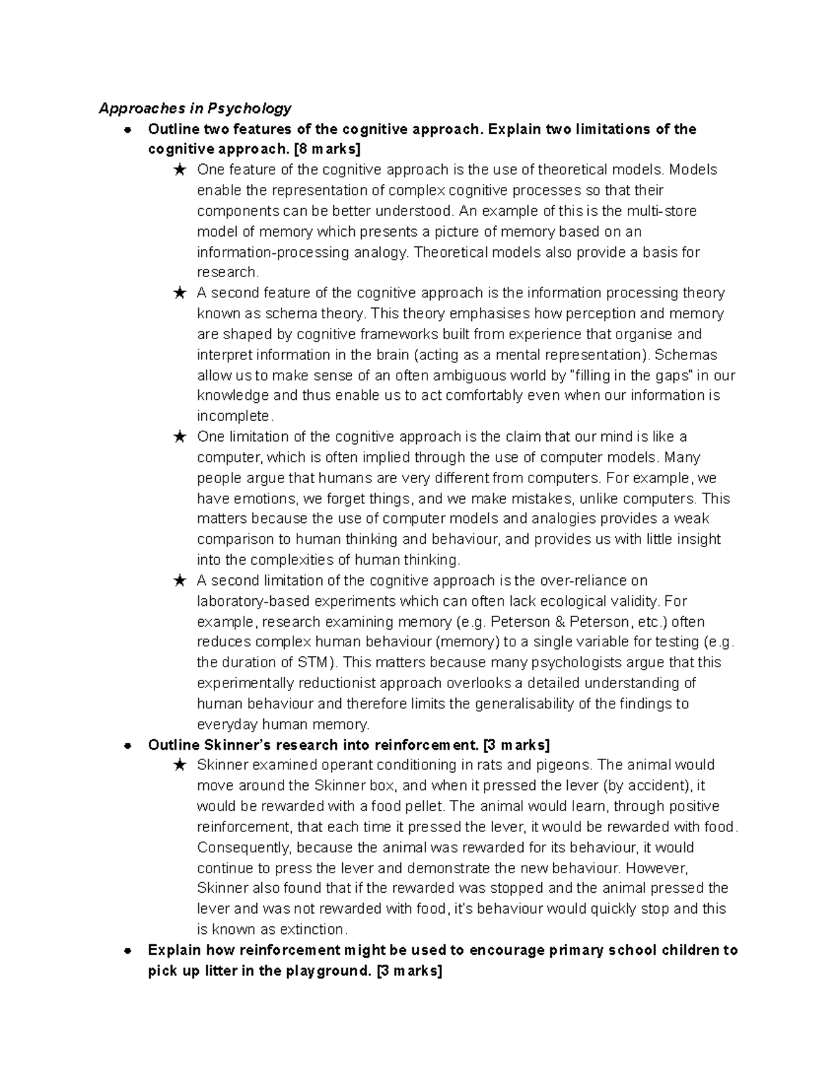 Paper 2 workthrough - Notes - Approaches in Psychology Outline two ...