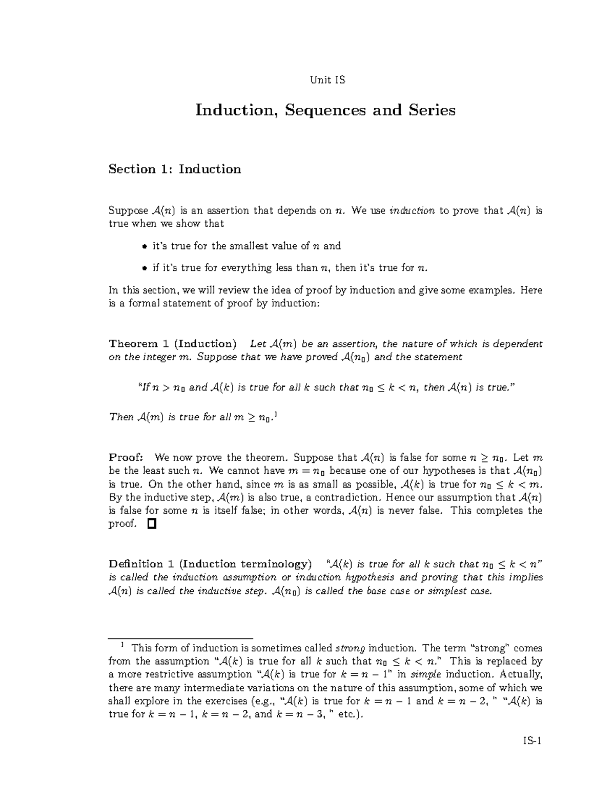 Inductions, Sequence and Series - Unit IS Induction, Sequences and ...
