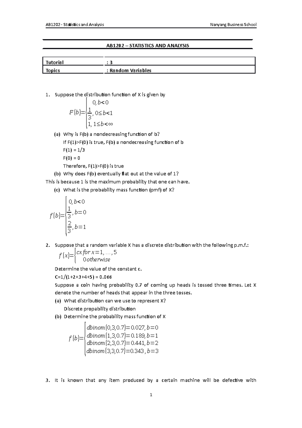 AB1202 Tutorial qns week 3 - AB1202 - Statistics and Analysis Nanyang Business School AB1202 ...