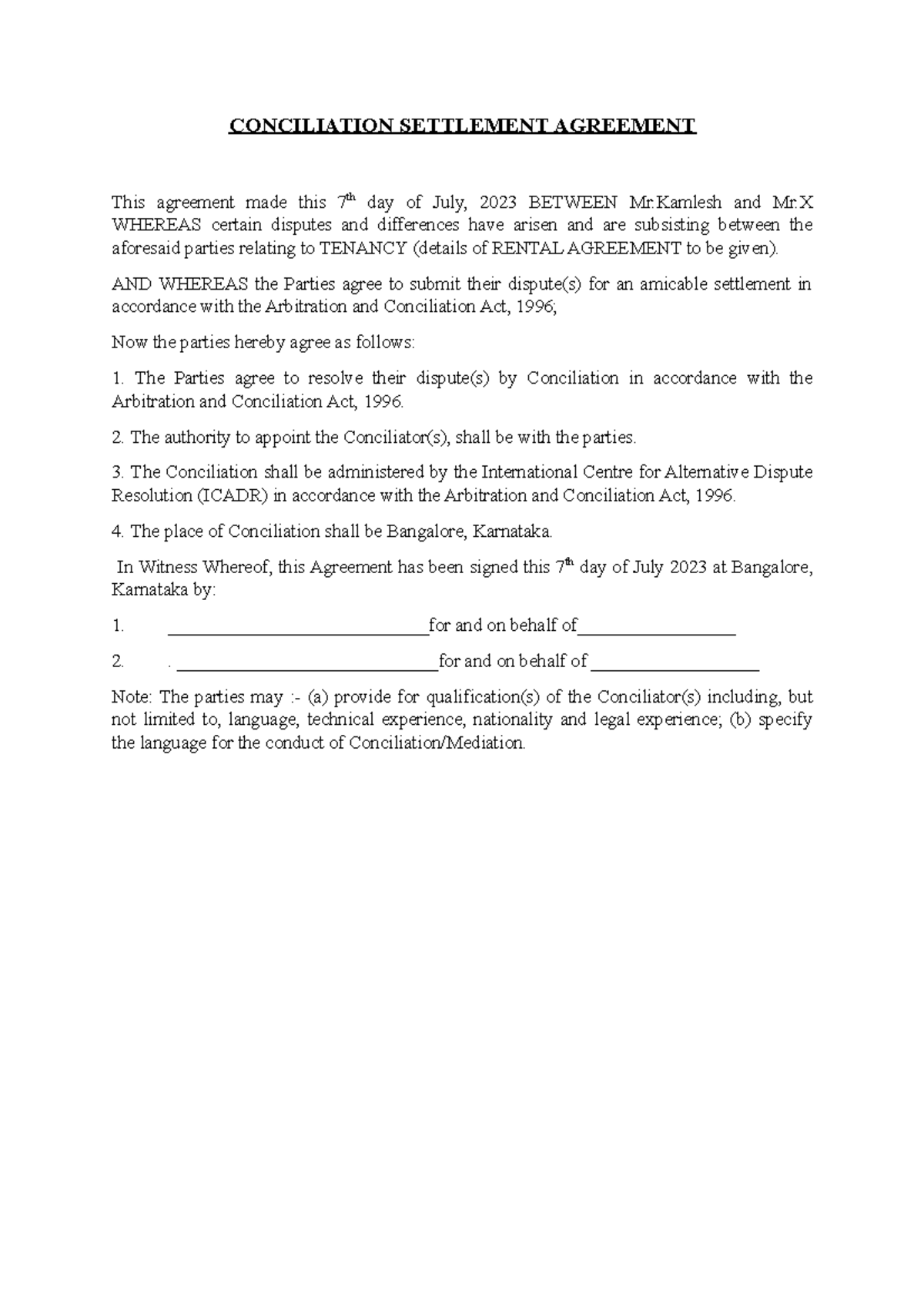 Conci Agreement - CONCILIATION SETTLEMENT AGREEMENT This agreement made ...