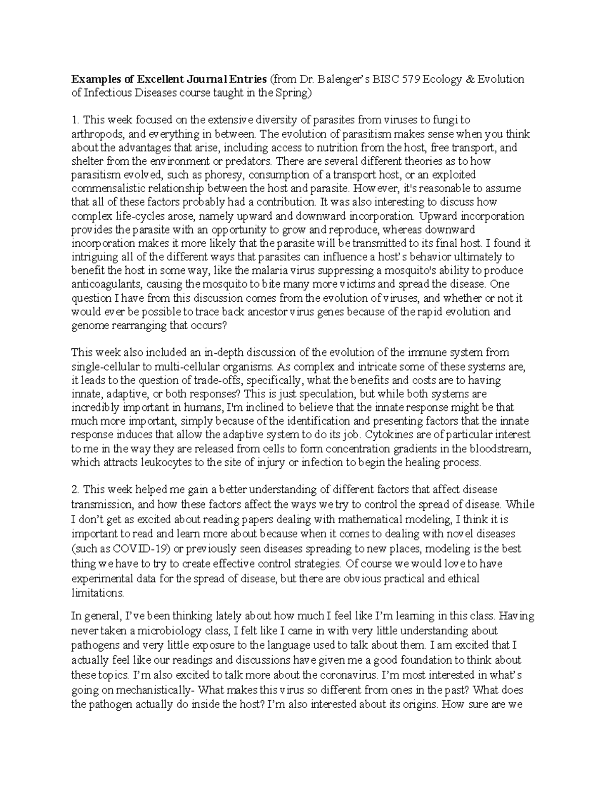 Examples of Excellent Journal Entries - Balenger’s BISC 579 Ecology ...