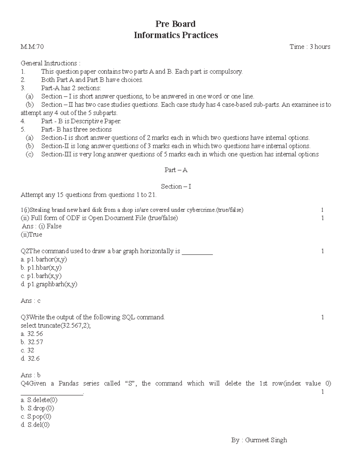Preboard question paper 2 with ans cbse 12th - Pre Board Informatics ...