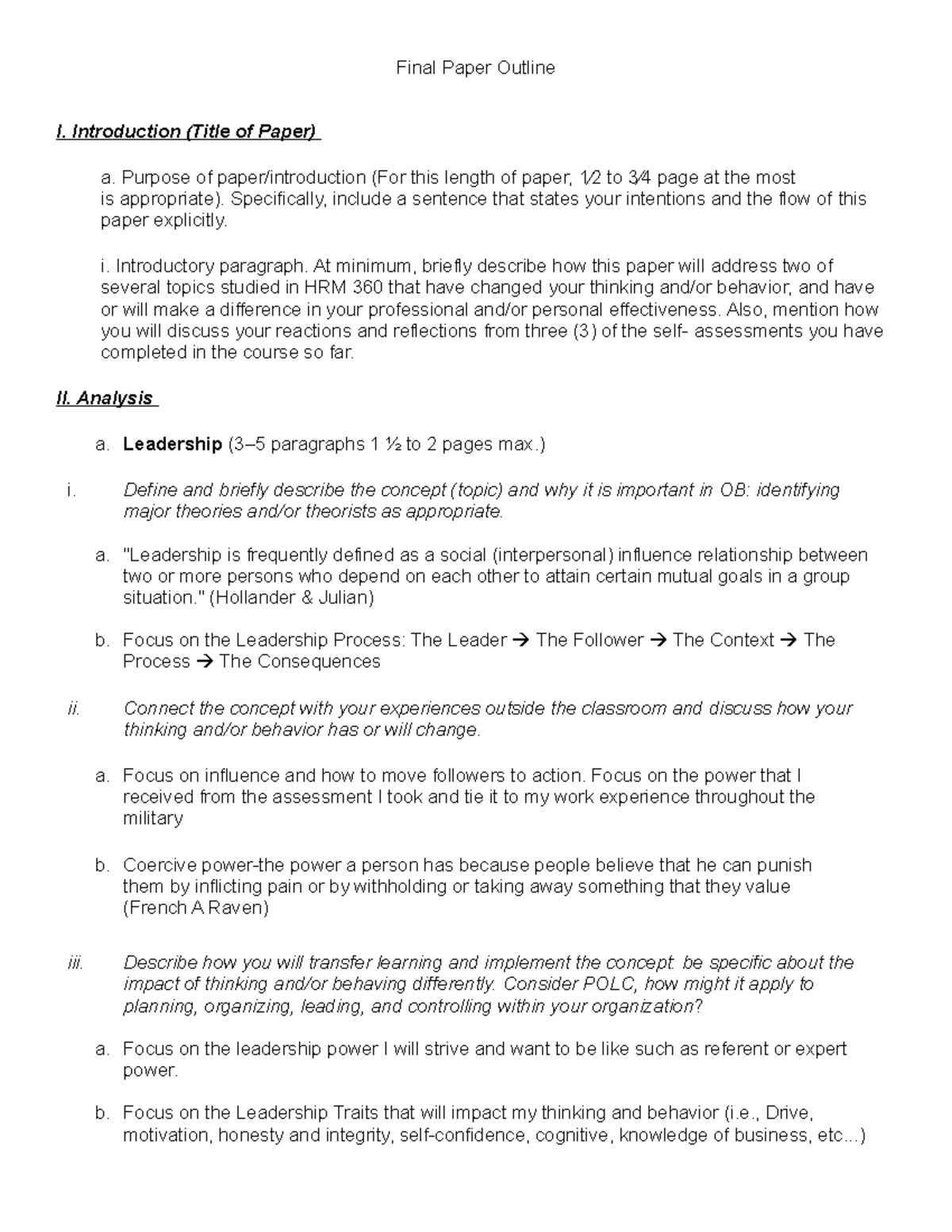 Final Paper Outline - Introduction (Title of Paper) a. Purpose of paper ...