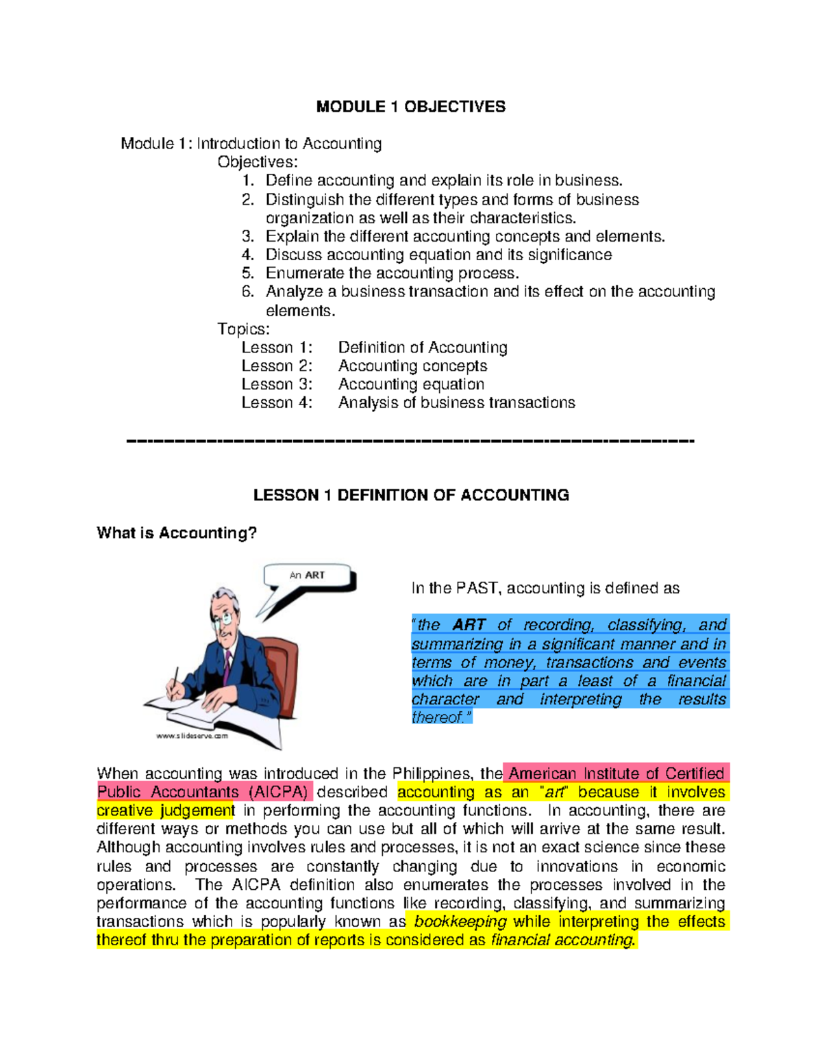 M1 Introduction to Accounting - MODULE 1 OBJECTIVES Module 1: Introduction to Accounting ...