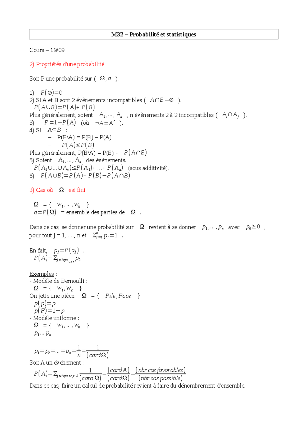 Cours m32 19 09 - M32 – Probabilité et statistiques Cours – 19 ...