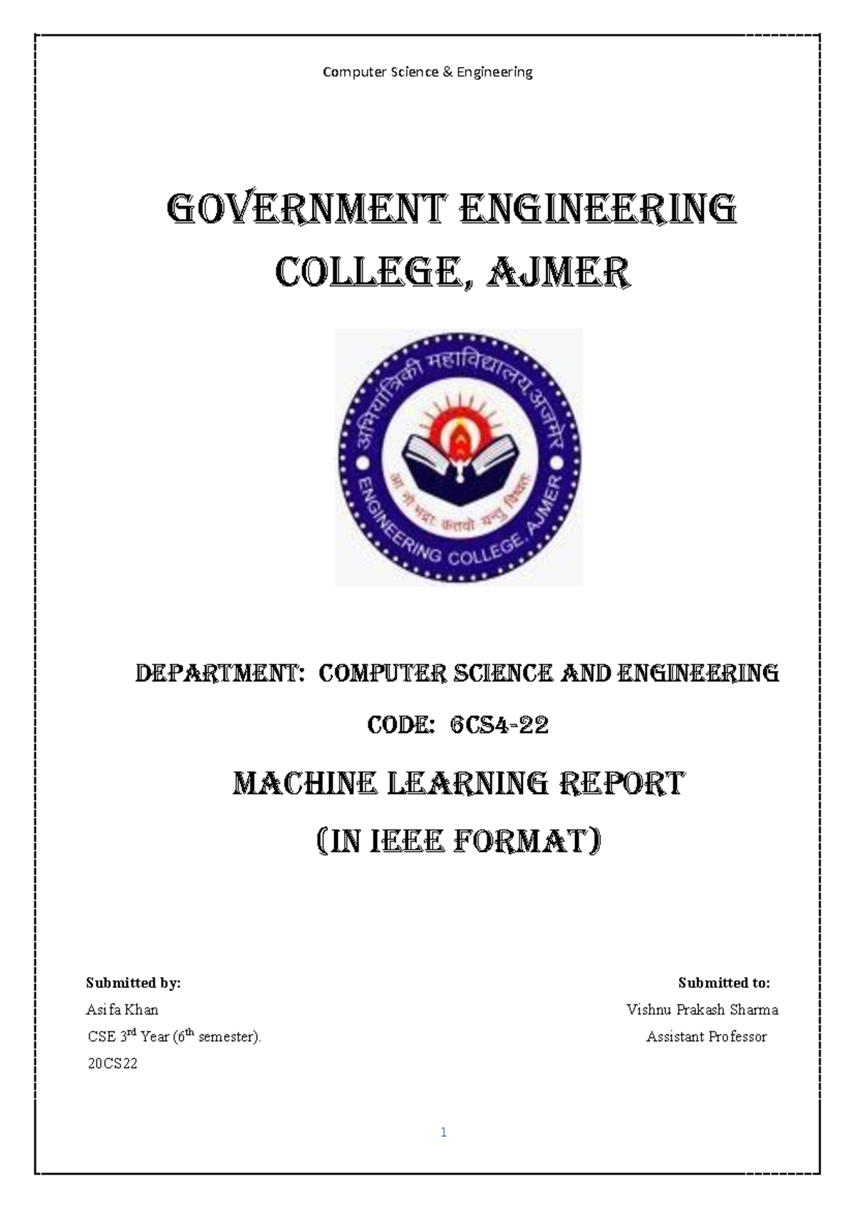 Asifa Khan ML Lab Report - Government enGineerinG ColleGe, Ajmer DePArtment: ComPUter SCienCe ...