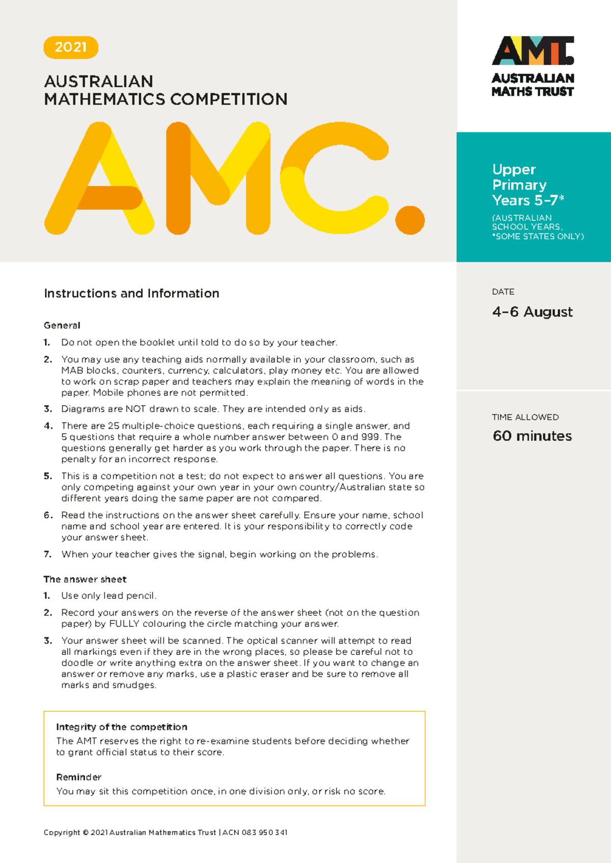 AMC Upper Primary 2021 - Maths - 2020 AUSTRALIAN MATHEMATICS ...