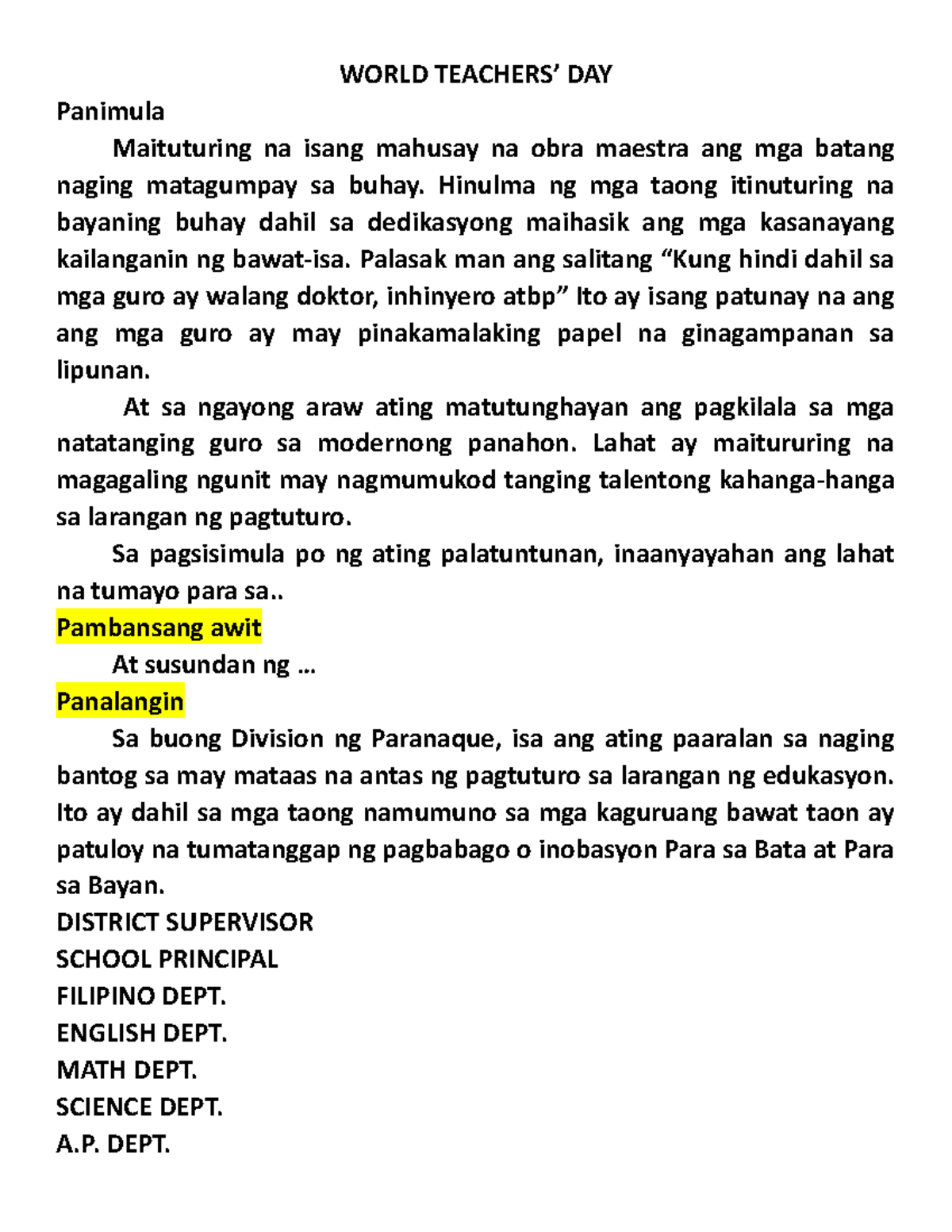 World- Teachers-DAY - simple.script - WORLD TEACHERS’ DAY Panimula ...