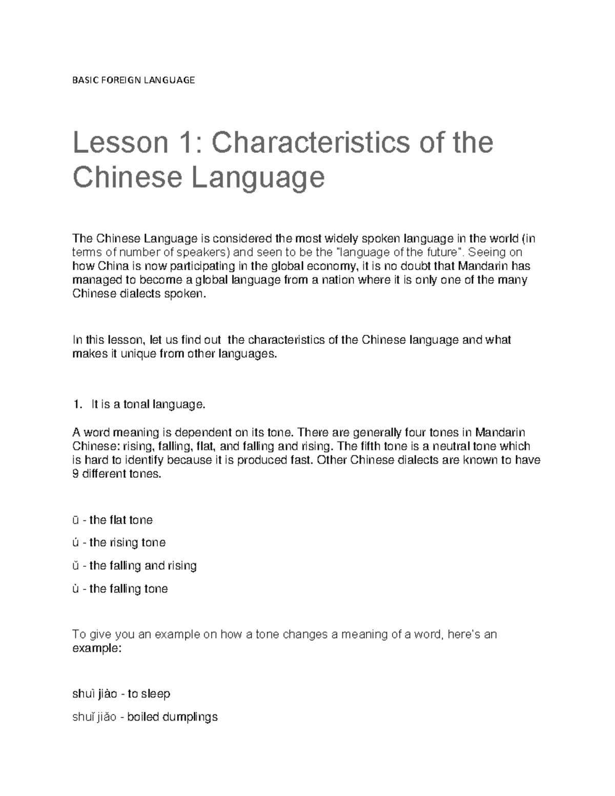 Mandarin Basic Foreign Language Lesson 1 TO 8 - BASIC FOREIGN LANGUAGE ...