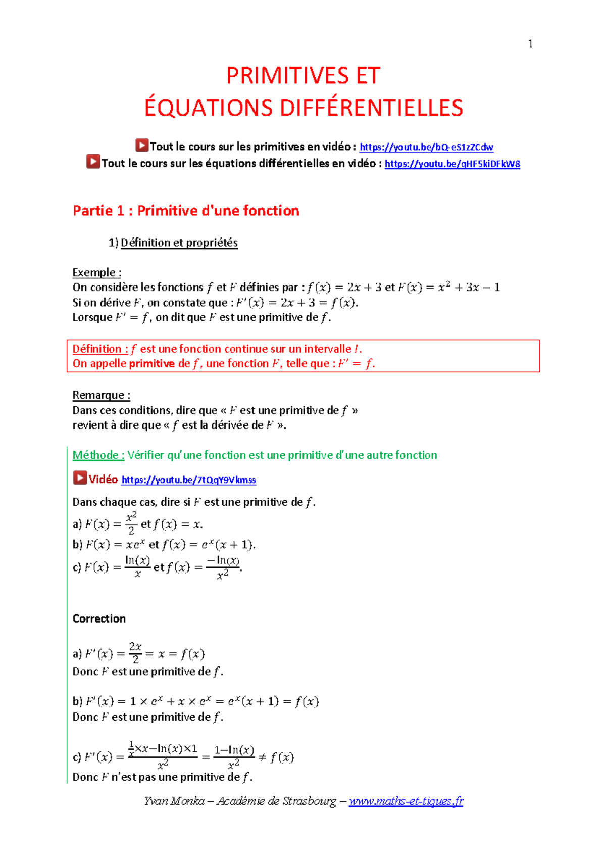 Primitives et équations différentielles - PRIMITIVES ET ÉQUATIONS DIFFÉRENTIELLES Tout le cours ...