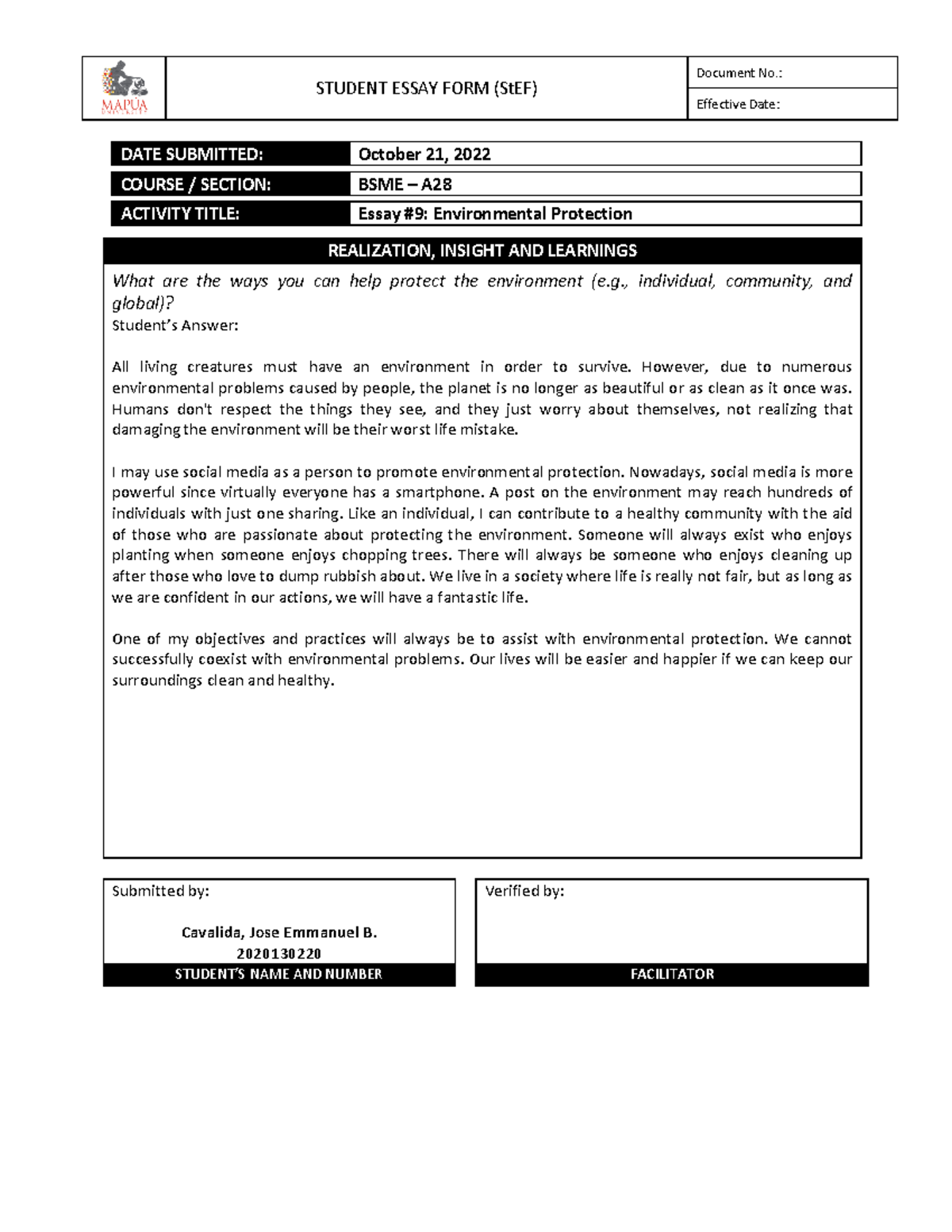 Cavalida A28 NSTP Essay 9 - STUDENT ESSAY FORM (StEF) Document No ...