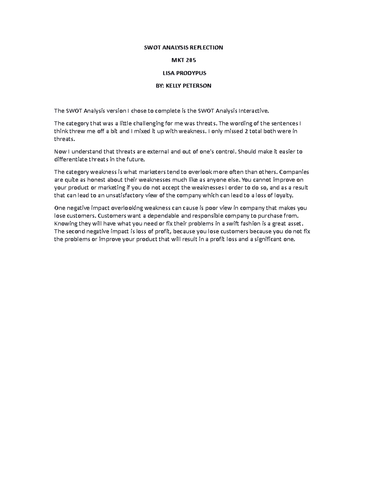 SWOTanalysisreflection 6-2finished - SWOT ANALYSIS REFLECTION MKT 205 ...