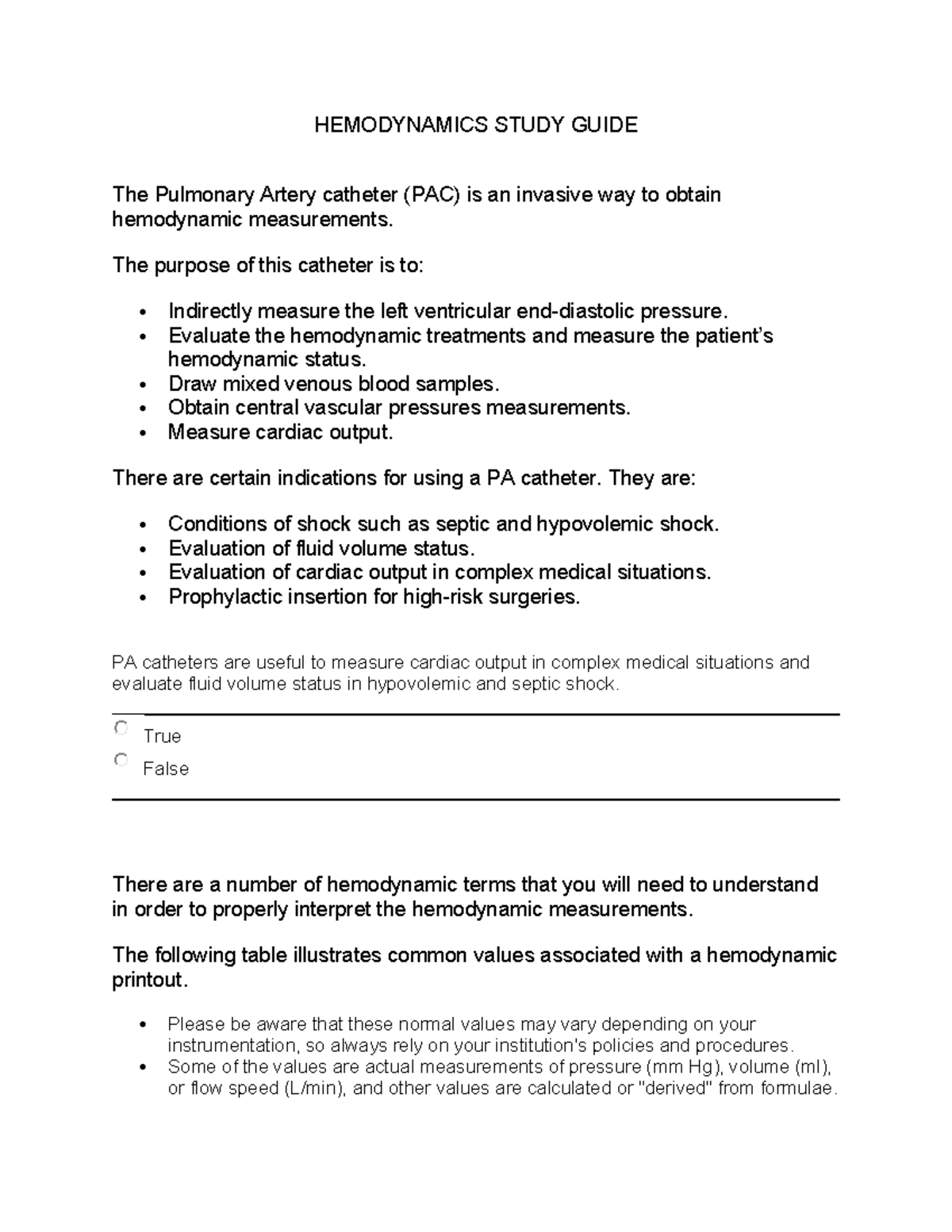 Hemodynamicstudyguide - HEMODYNAMICS STUDY GUIDE The Pulmonary Artery ...