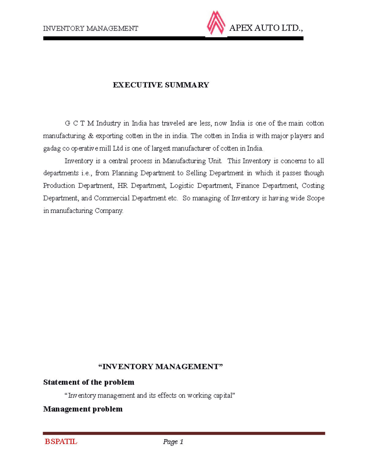 Inventory Management Project Report - EXECUTIVE SUMMARY G C T M ...