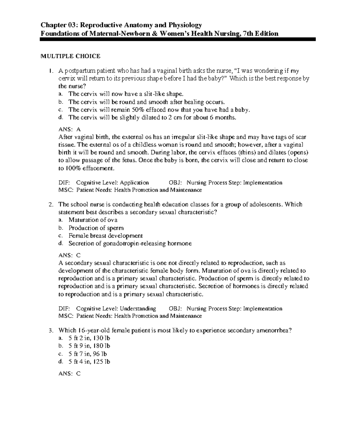 C3 - Murray Test Bank - Chapter 03: Reproductive Anatomy and Physiology ...