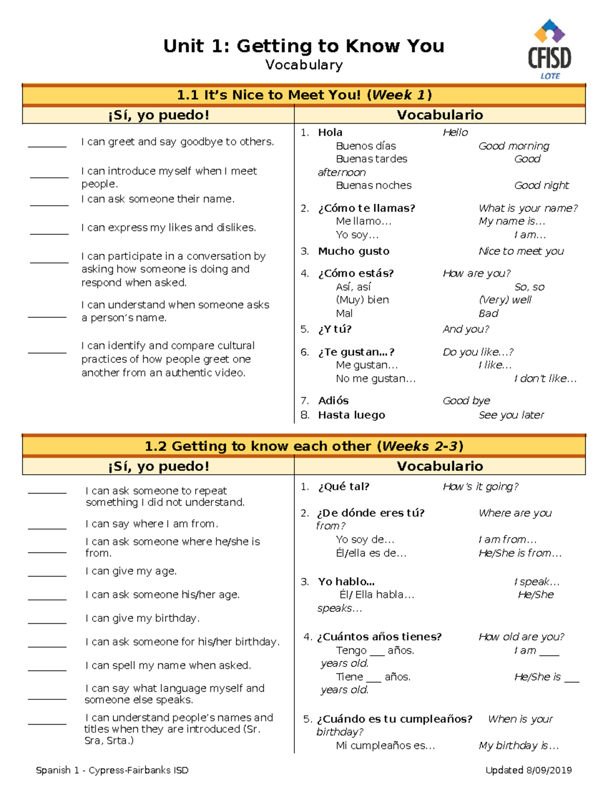 LOTE SPN1 U1 Vocabulary List 2019 i Xplore Draft - Unit 1: Getting to ...