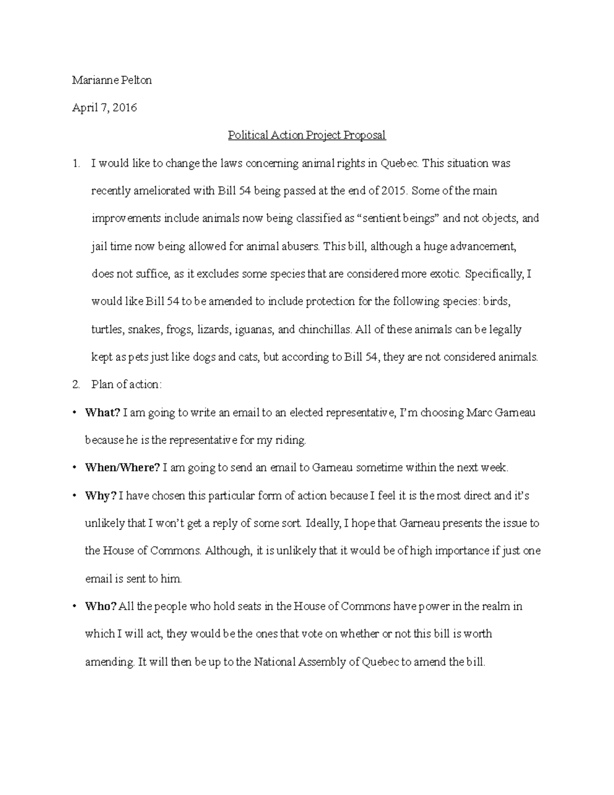 Proposal for the Political Action Project - Marianne Pelton April 7 ...