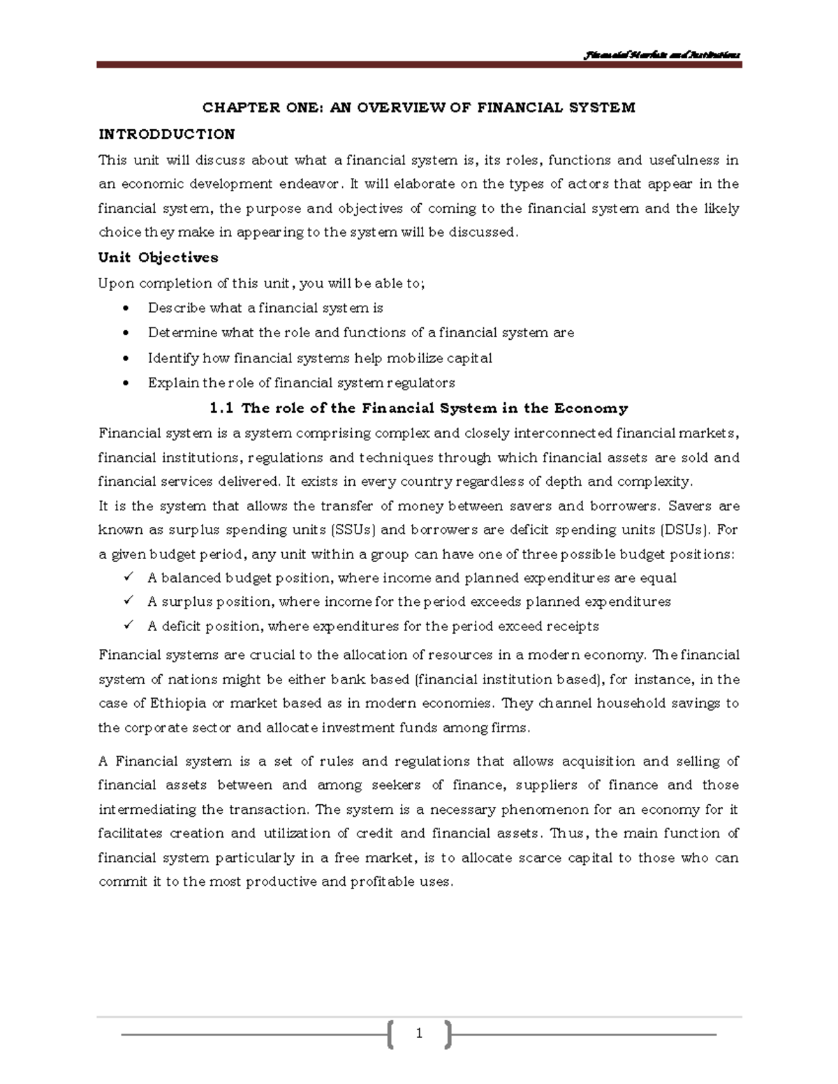 Chapter 1-An Overview of Financial System - CHAPTER ONE: AN OVERVIEW OF ...