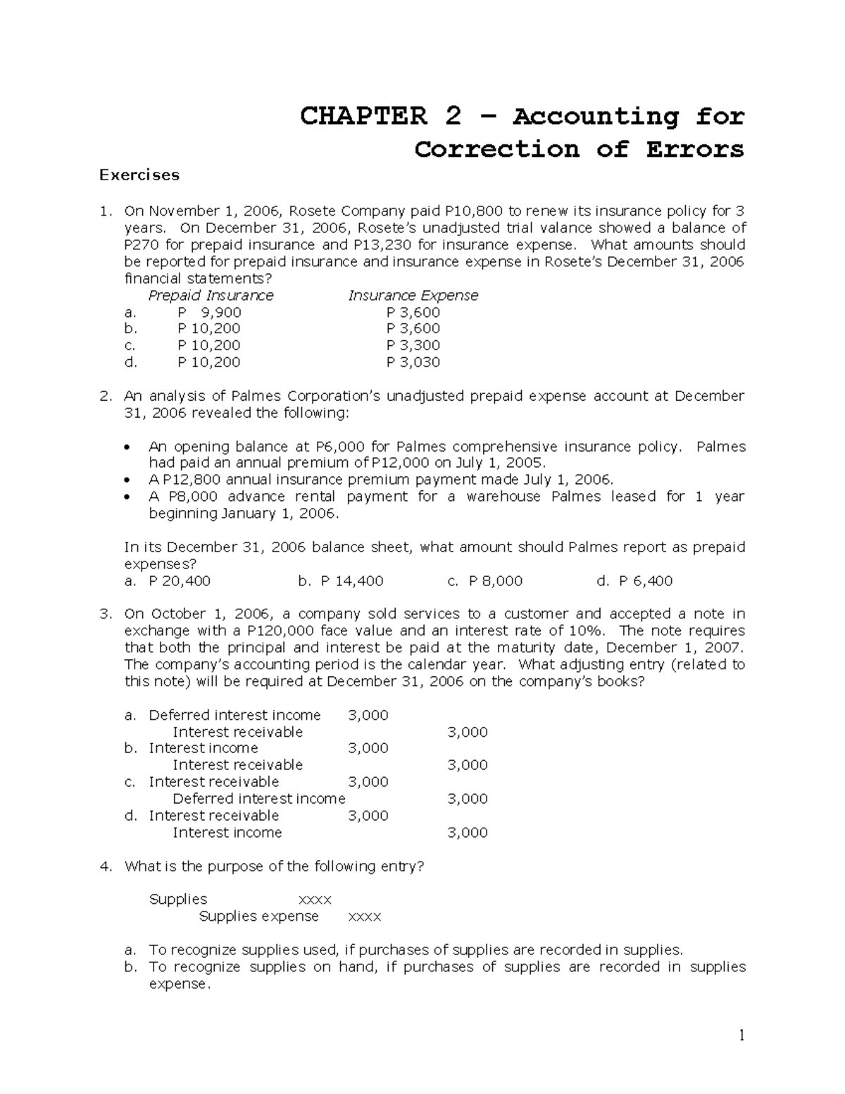 Accounting for Correction of Errors - CHAPTER 2 – Accounting for Correction of Errors Exercises ...
