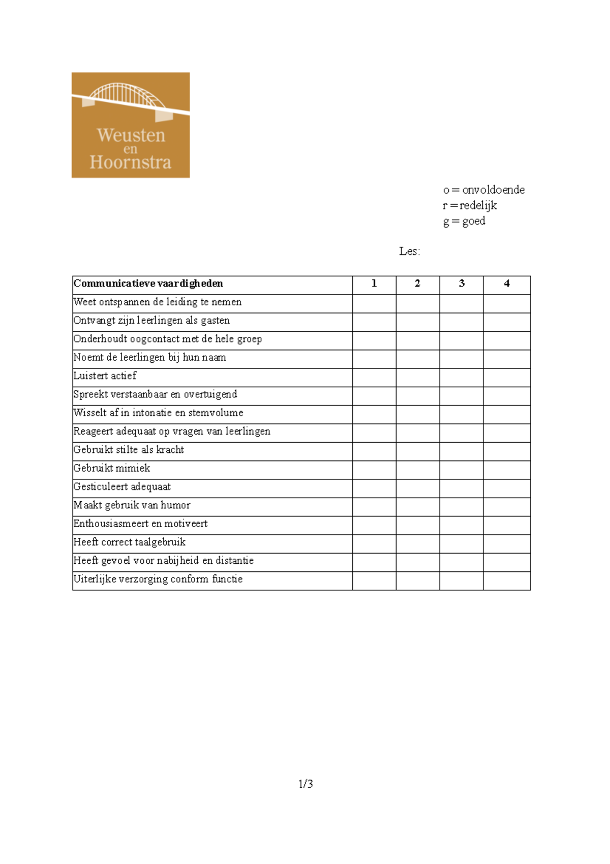 Observatieschema los - o = onvoldoende r = redelijk g = goed Les ...