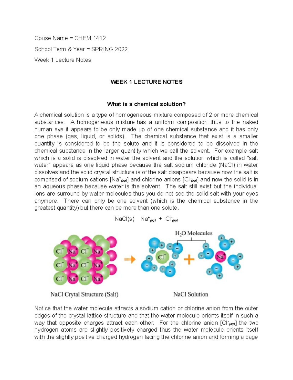 CHEM 1412 Spring 2022 WEEK 1 Lecture NOTE - Couse Name = CHEM 1412 ...